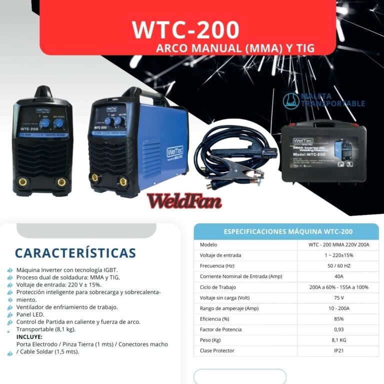 Maquina De Soldar Wtc 200 Inverter/mma – Tig Panel Digital – Weldfan